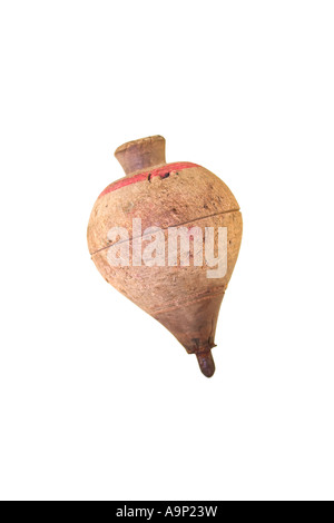 Old, wooden spinning top toy made of wood with string on white ...
