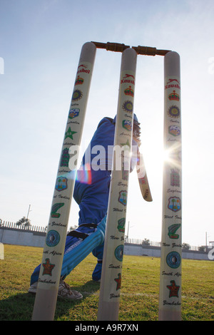 Rear view of cricket player batting while playing on field against ...