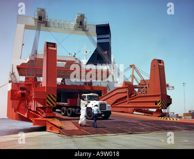 Container ship lowers its ramp for unloading Stock Photo - Alamy