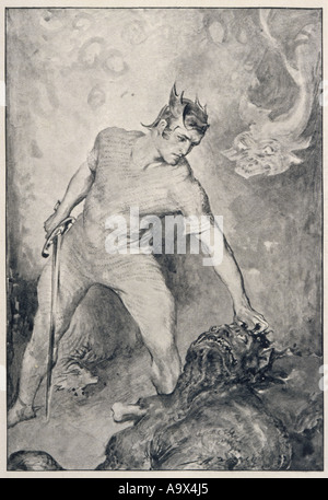 Beowulf shears off Grendel's head and kills him (the bone sticking from ...