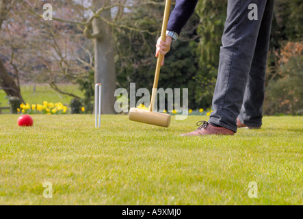 Croquet mallet hoop ball lawn game english pitch Stock Photo - Alamy