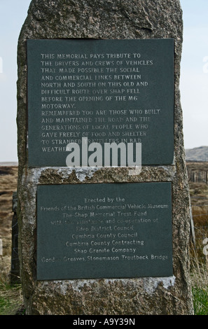Memorial to drivers on the summit of the A6 road at Shap Fell, Cumbria ...