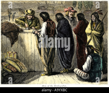 American Fur Company trading post in Wisconsin, 1828. Hand-colored ...