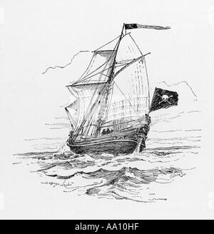 A typical pirate ship flying the jolly roger flag Date: circa 18th ...