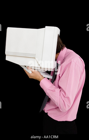 Business man with a monitor on his head, cloud system and pointers on ...