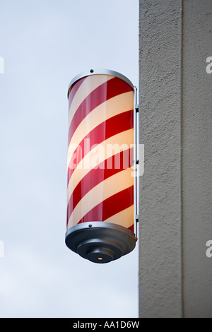 Traditional red and white barber's pole outside a hairdresser's shop ...