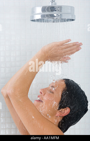 Shower, woman hands and body cleaning in a studio with a female washing for beauty routine ...