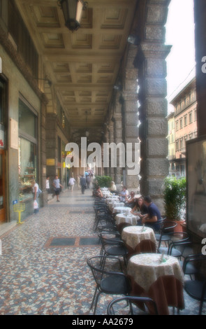 Cafe Bar in a portico on Via Rizzoli with the Torre Garisenda (one of ...