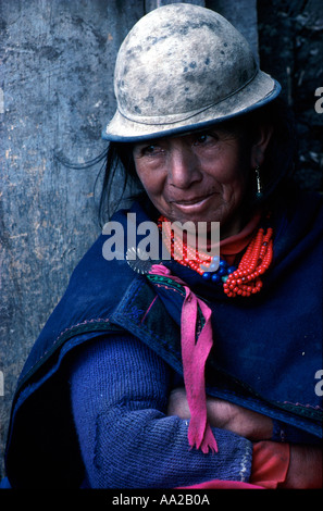 Ecuador, Canar province, a Canari Indian playing a traditional panpipe ...