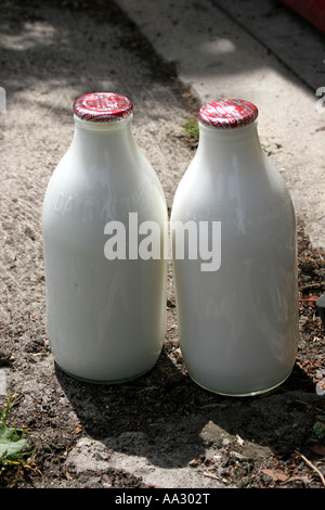 Two full pint milk bottles on doorstep, one green top and one silver ...