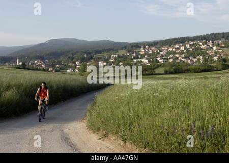 Sarnonico, Trentino, Italy: A cyclist rides his bicycle along a winding ...
