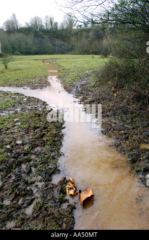 Discolored stream running out of Brofiscin Quarry, toxic waste was ...