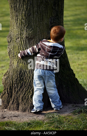 Boy peering around a tree Stock Photo - Alamy
