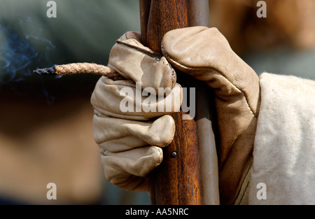English Civil War soldier firing musket, 17th century, historical re ...