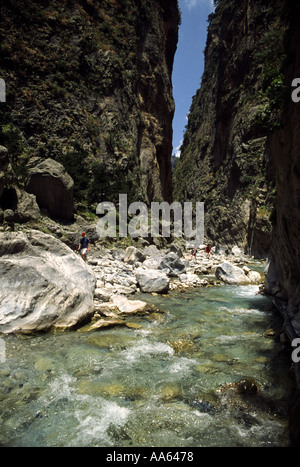 Trekking towards the exit of Samaria Gorge alongside a stream Stock ...