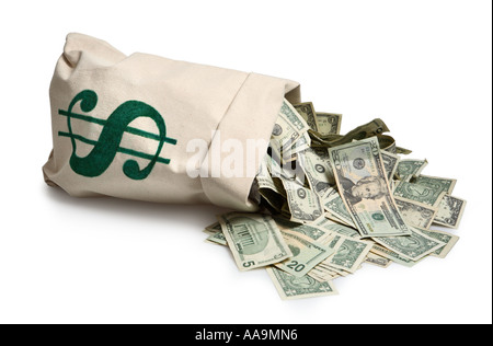 Bank Bag With Money Spilling Out Isolated on White Stock Photo - Alamy