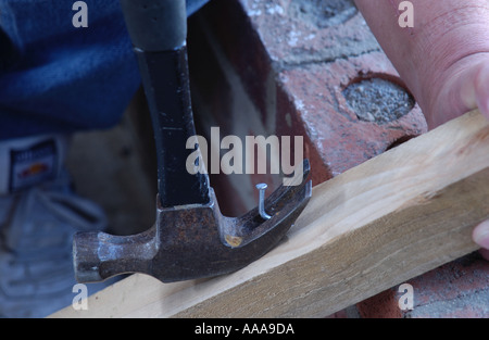 Claw hammer pulling a nail out of a plank Stock Photo - Alamy