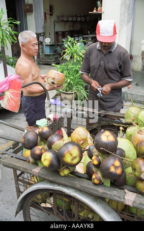 Man selling coconuts at a stall by the roadside in India Stock Photo ...