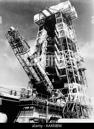 An Atlas missile on the launch pad, moments before a test launch. This ...