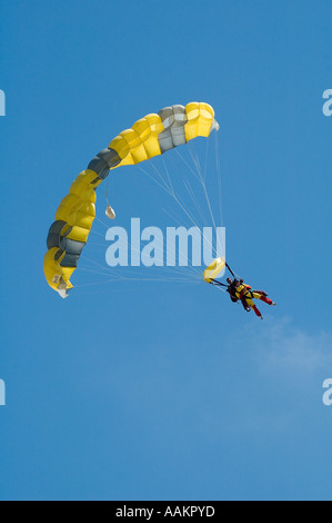 Two skydivers in tandem jump landing a 'square' ram-air parachute Stock ...
