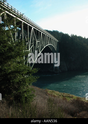 A view from below the bridge at Deception Pass in Washington State ...