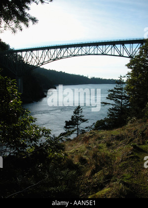 A view from below the bridge at Deception Pass in Washington State ...