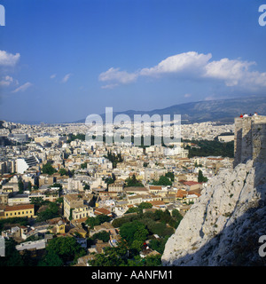 Aerial view of the ruins of the Acropolis and the skyline of Athens, on ...