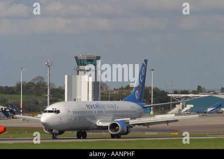 Excel Airways Boeing 737 jet plane under tow at London Southend Airport ...