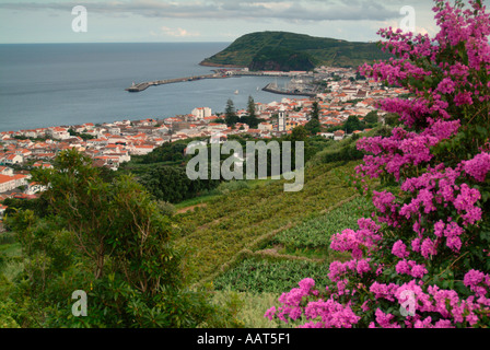 Street view of Horta in the Azores with mount Pico in background Stock ...
