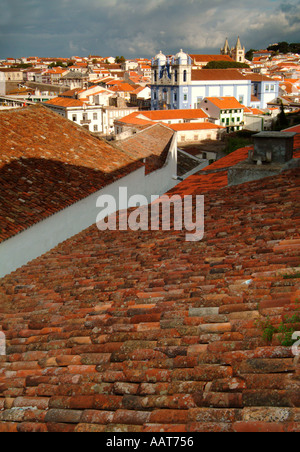 Spanish tile rooves in a town the island of Corvo in the Azores Stock ...