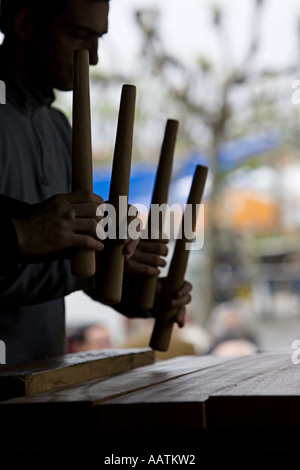 Two Basque men playing the Txalaparta, a Basque traditional percussion ...