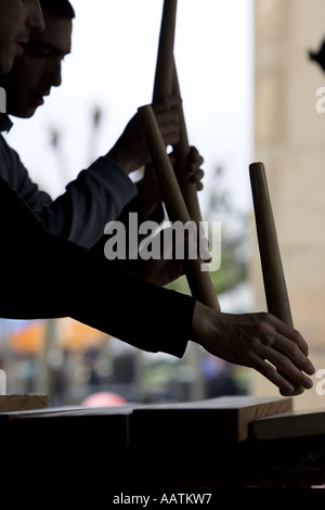 Two Basque men playing the Txalaparta, a Basque traditional percussion ...