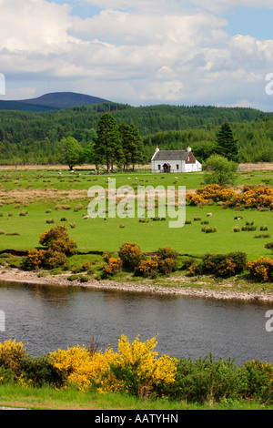 Landscape with mountain, glade, shore and small wharf near artificial ...