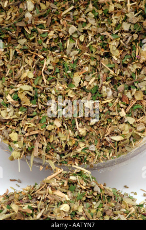 Close-up Dried crushed basil background. Dried ground basil powder ...