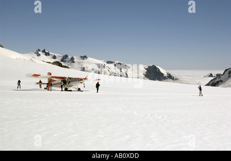 Ski plane landing on the snowfields of Mt Cook in New Zealand Stock ...