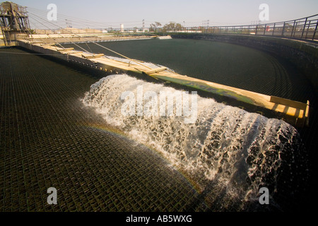 A rotary filter skims scum from the surface of waste water in a ...