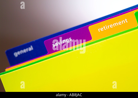 Brightly coloured plastic subject divider tabs labelled ‘savings ...