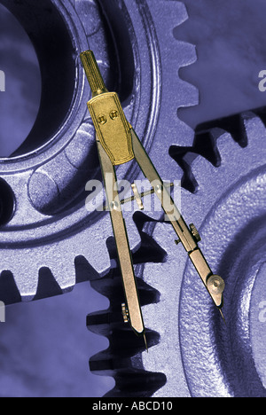 technical drawing measuring compass and cog wheels Stock Photo - Alamy
