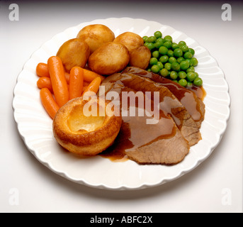 A typical roast beef Sunday lunch with yorkshire pudding, vegetables ...