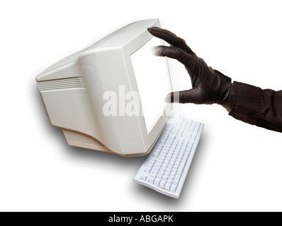 Hand with black glove reaches into a computer Stock Photo - Alamy