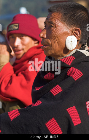 MYANMAR BURMA Naga men wearing headdress decorated with wild boar teeth ...