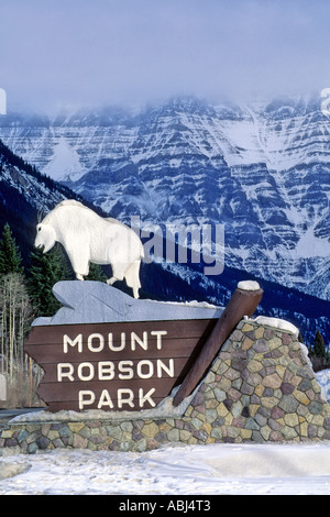 Mount Robson and park entrance white mountain goat sign Stock Photo - Alamy