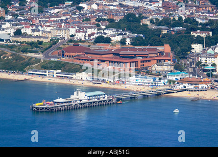 An aerial view of Bournemouth pier and beach with a clear blue sky ...