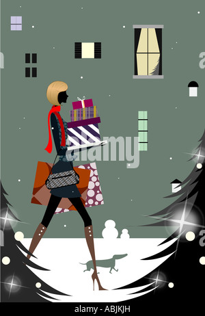 Side profile of a woman carrying shopping bags with her pets Stock ...