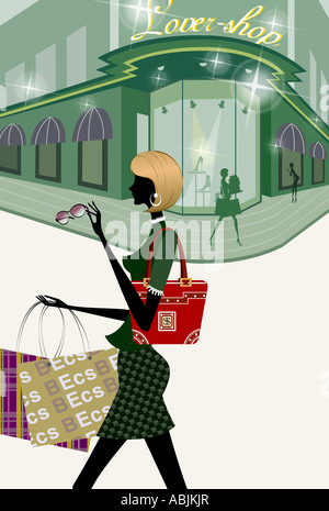 Side profile of a woman carrying shopping bags with her pets Stock ...