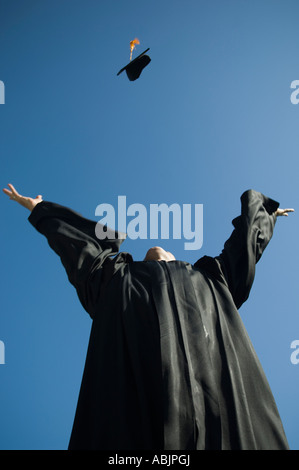 Graduation cap throw, blue sky and friends after a diploma, certificate ...