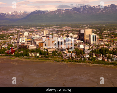 Aerial View Of Anchorage Skyline & Chugach Mountains As Seen From ...
