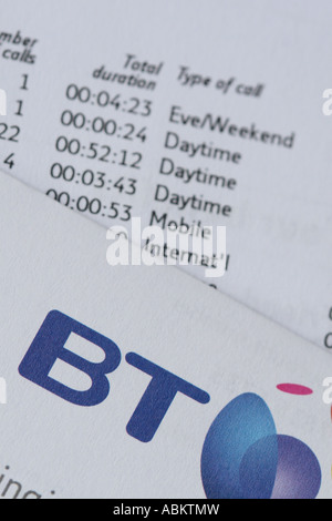BT itemised telephone bill invoice showing details of call duration and ...