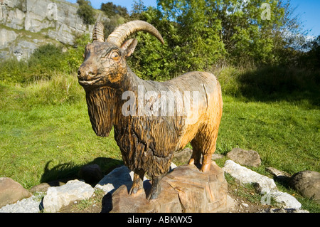 Wood carving of a goat, on the Sculpture Trail at the Crich Tramway ...