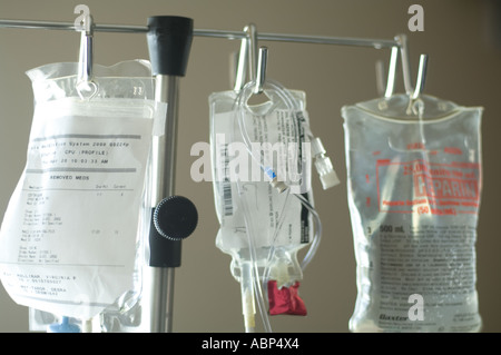 rack of IV intravenous bags hanging in hospital intensive care ward for ...